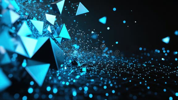 Abstract Digital Render of Glowing Blue Pyramids and Particles ...