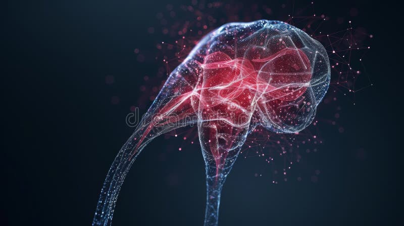 Abstract Digital Rendering of a Brain with Glowing Red and Blue Neurons ...
