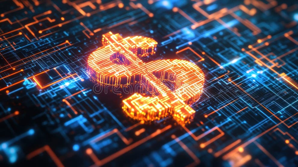 Abstract Digital Representation of a Glowing Dollar Sign on Grid Stock ...