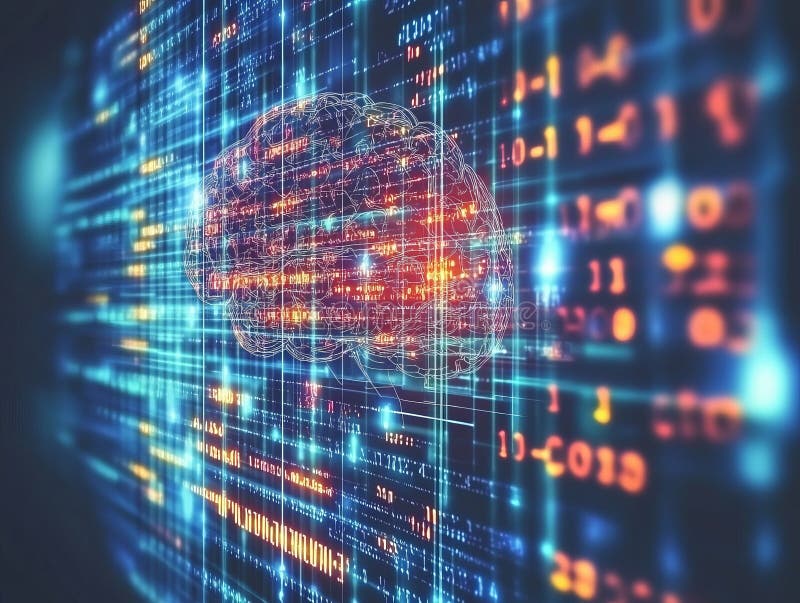 Abstract Digital Representation of a Red Glowing Brain Integrated with Binary Codes Symbolizing ...