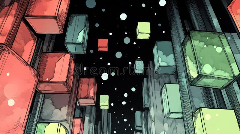 Abstract Watercolor Cubes Floating in Space: Futuristic Digital Art ...