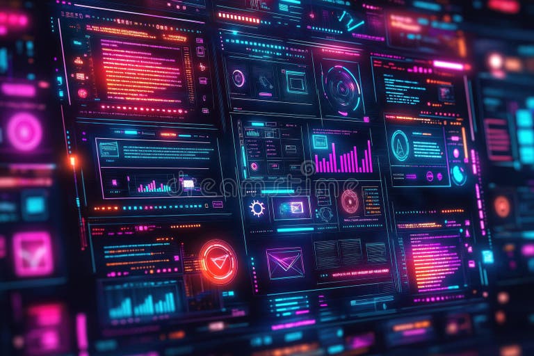 Abstract Digital Screen Displaying Vibrant Tech Elements. Multiple ...