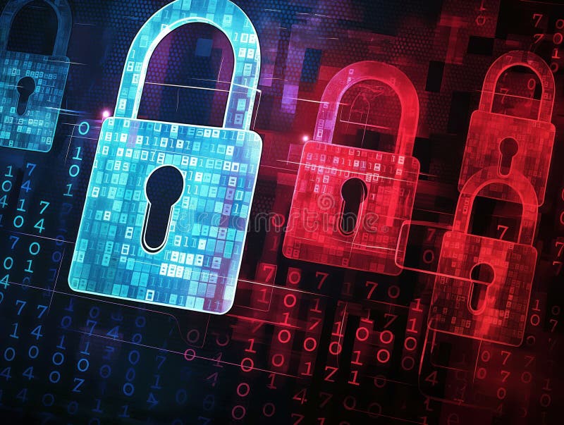 Abstract Digital Screen Displays A Lock Icon Binary Code And Encrypted Data Security Concept