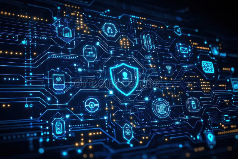 Abstract Digital Security Interface Bright Icons Black Background Stock ...