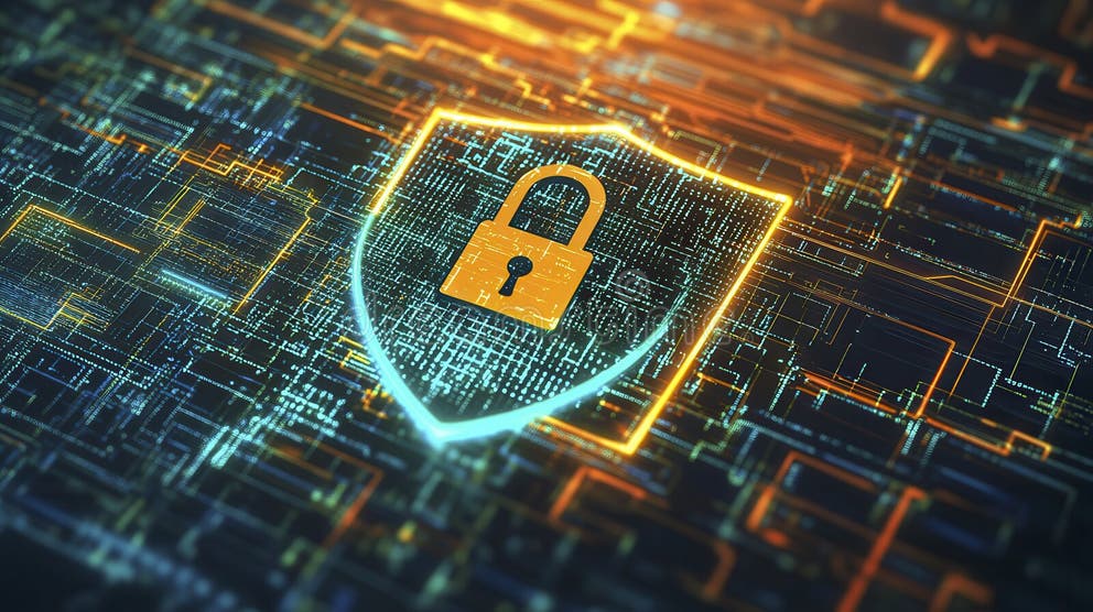 Abstract Digital Security Shield with Padlock on Circuit Board ...