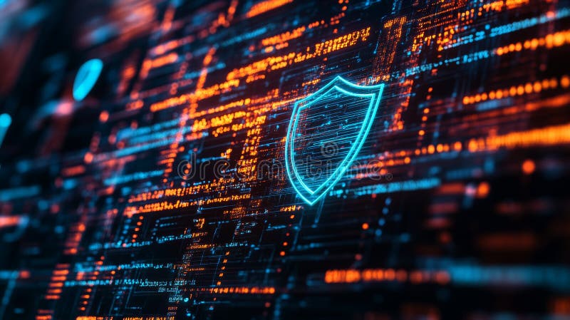 Abstract Digital Shield on a Circuit Board Glowing with Blue and Orange ...