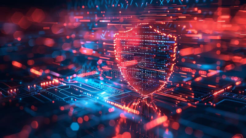 Abstract Digital Shield Formed by Glowing Lines and Particles ...