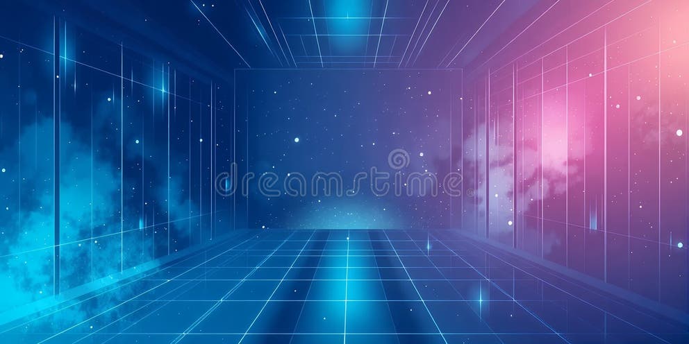 Abstract Digital Space with Grid Lines Glowing Particles and Blue To ...