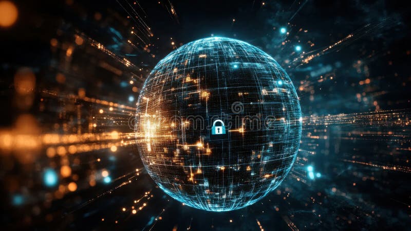 Abstract Digital Sphere Glowing with Blue and Orange Light, Data ...