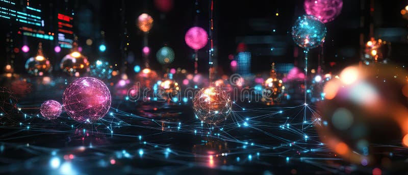 Abstract Digital Sphere Network with Glowing Lines and Colorful Balls ...