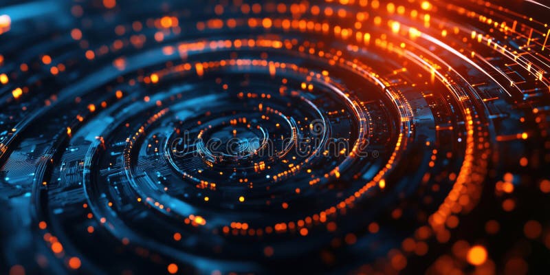 Abstract Digital Spiral with Glowing Orange Particles and Circuit ...