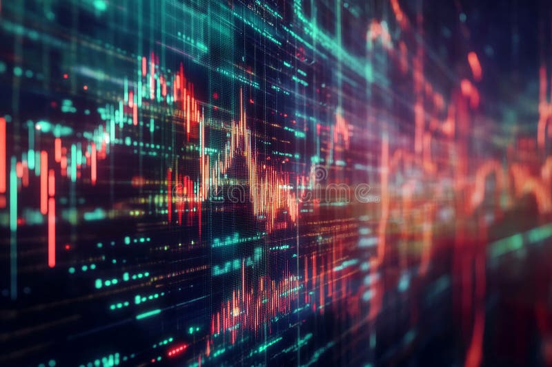 Abstract Digital Stock Market Data Visualization Red Orange Green Teal ...