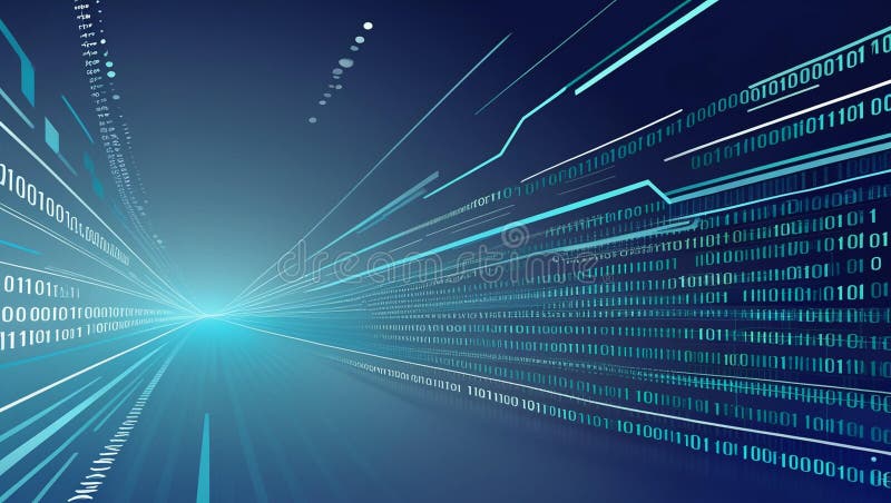 Abstract Digital Stream of Binary Code and Glowing Lines on a Blue Gradient Background Stock ...