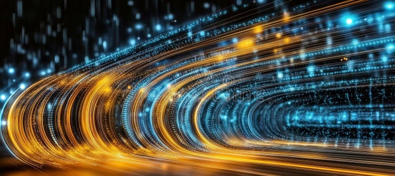 Abstract Digital Stream Of Binary Code In A Tunnel Representing Data Flow In Cyberspace Stock