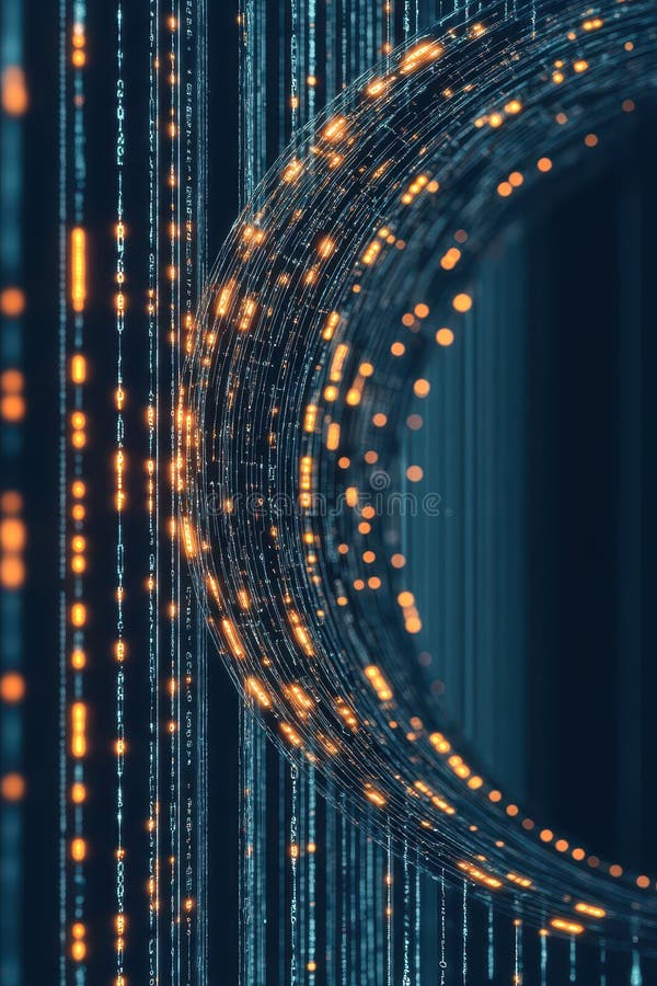 Abstract Digital Stream of Glowing Particles and Binary Code, Representing Financial Technology ...