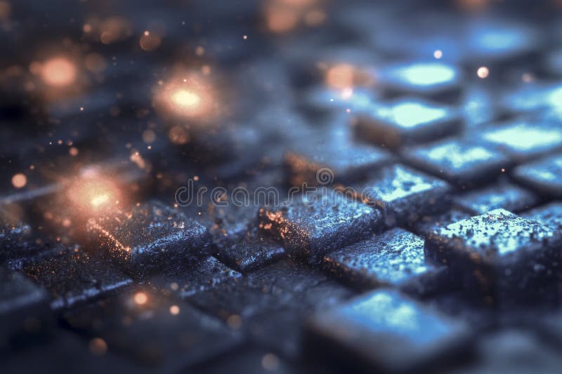 Abstract Digital Surface with Glowing Blue and Orange Cubes, Creating a ...