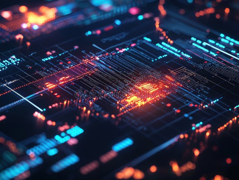 Abstract Digital Surface with Luminous Lines and Shapes Representing ...