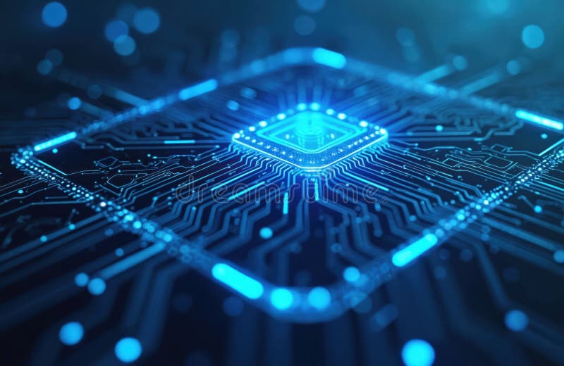 Abstract Digital Tech Illustration Depicts Modern Computer Microchip. Circuit Board, Data Flow ...