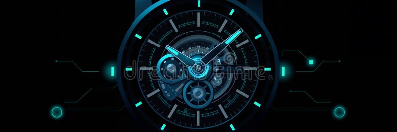 Abstract Digital Technology Background with Futuristic Clock Interface and HUD Elements in Blue ...