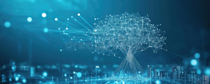 Abstract Digital Tree Made of White Lines and Dots on a Blue Background ...
