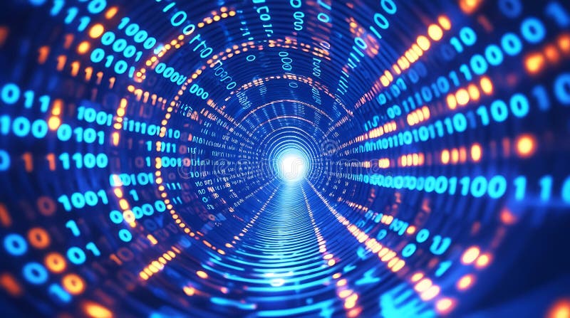Digital Data Tunnel Glowing with Binary Code Stream, Representing Internet, Information Flow and ...