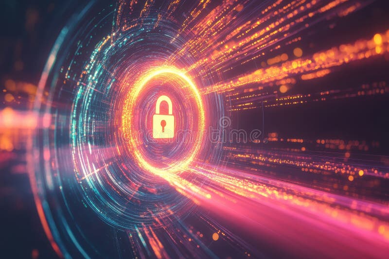 Abstract Digital Tunnel with Glowing Lock Symbol Representing Cybersecurity and Data Protection ...