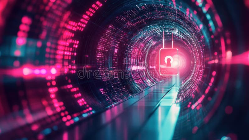 Abstract Digital Tunnel with Glowing Padlock, Symbolizing Cybersecurity and Data Protection ...
