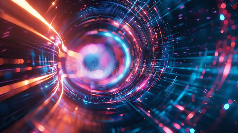 Abstract Digital Tunnel of Swirling Neon Lights and Data Streams ...