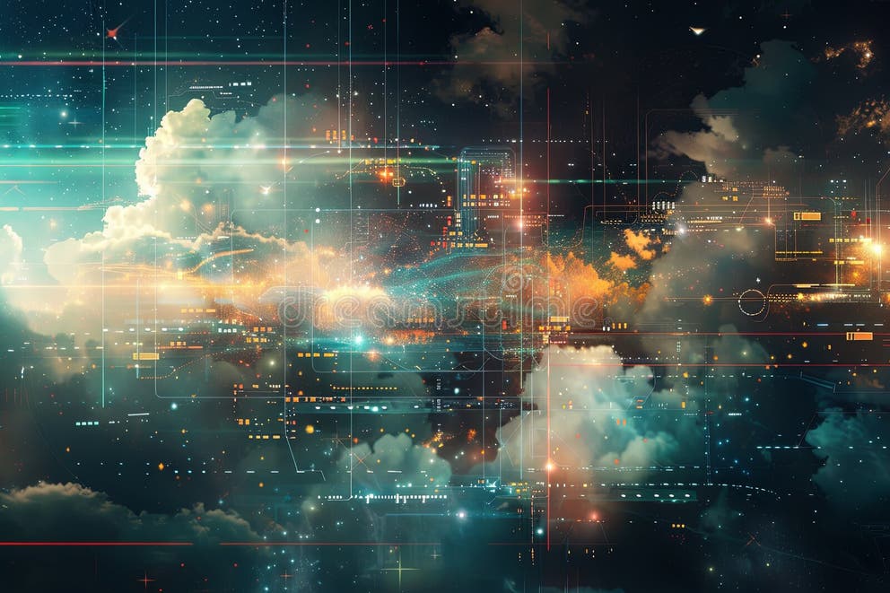 An Abstract Digital Visualization of Cloud Computing, Featuring Data Processing and AI ...