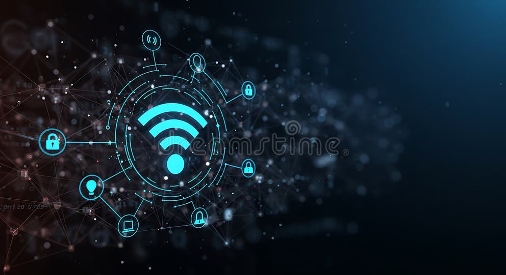 Abstract Digital Visualization Featuring a Central Blue Wi-Fi Symbol ...