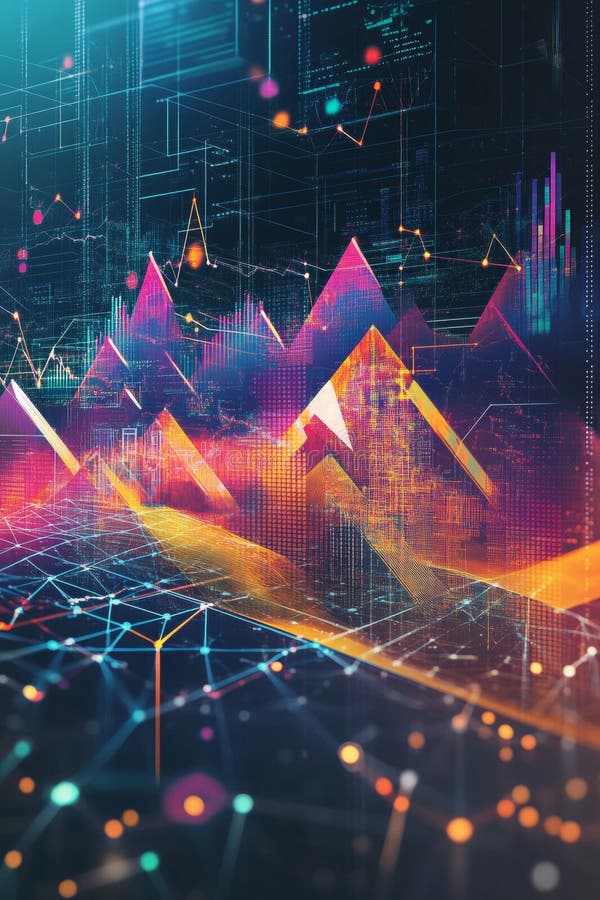 Abstract Digital Visualization with Geometric Mountains and Vibrant ...