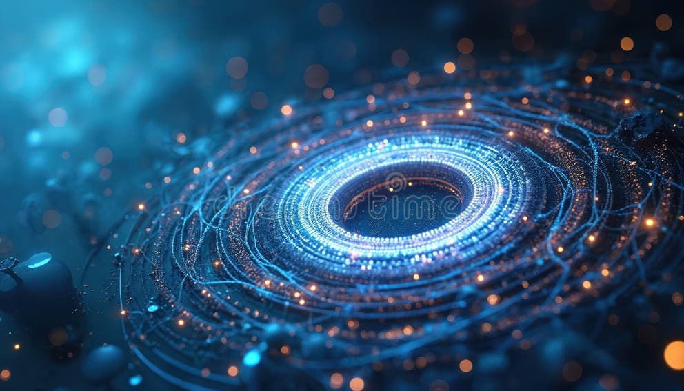 Abstract Digital Visualization Quantum Algorithm. Glowing Particles, Lines Form Circle ...