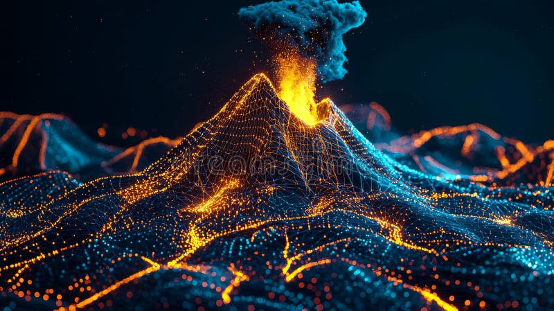 An Abstract Digital Volcano with Smoke and Lava, Set on a Technology ...