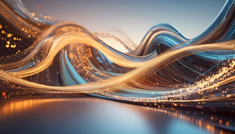 Abstract Digital Wave of Golden Light and Blue Reflections Stock ...