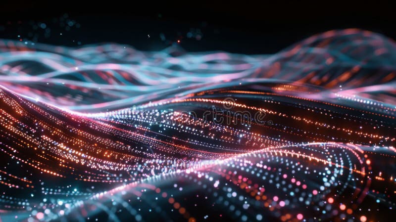 Abstract Digital Wave with Multicolored Glowing Particles in Dark ...