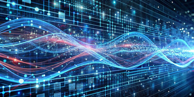 Abstract Digital Wave Network - 3D Render, Blue and Red Lights ...