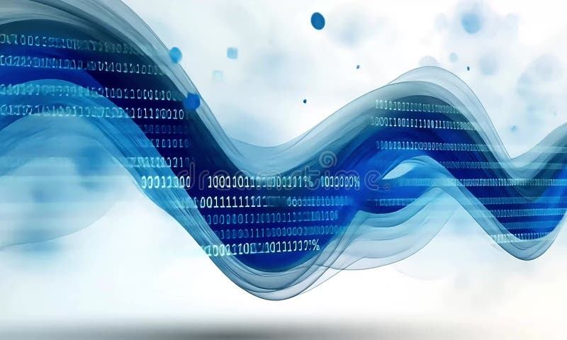 Abstract Digital Wave Pattern with Binary Code, Flowing Smoothly Against a Soft Blue Background ...