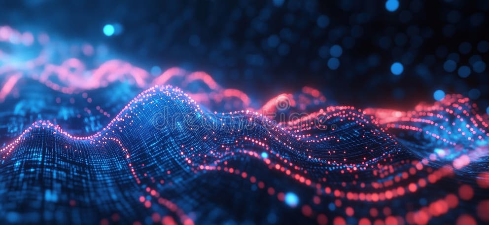 Abstract Digital Wave Pattern With Glowing Blue And Red Particles In 3d Space Stock Image