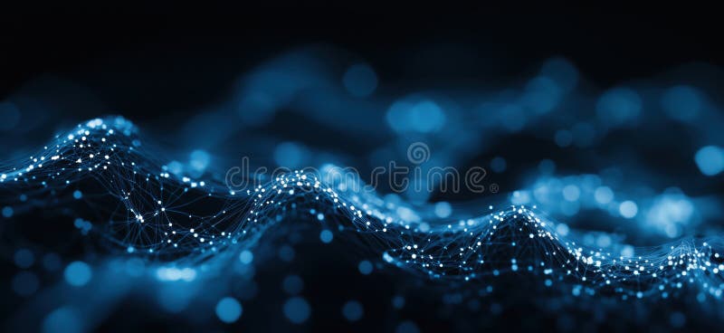Abstract Digital Wave Representation, Glowing Blue Lines and Dots ...