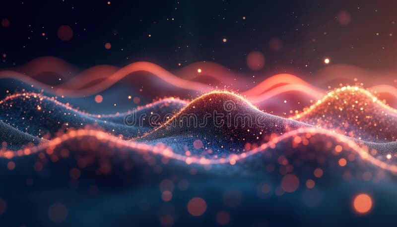 Abstract Digital Waveform with Data Visualization. Glowing Colorful Lines, Particles Create ...