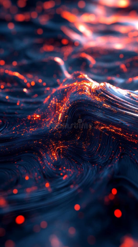 Abstract Digital Waves with Glowing Orange Particles on Dark Background ...