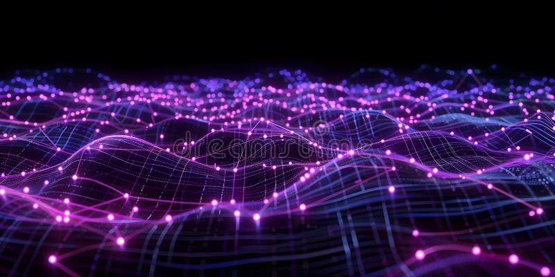Abstract Digital Waves with Glowing Purple and Blue Nodes on Black ...