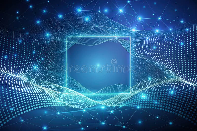 Abstract Digital Waves with Glowing Square Frame and Network ...