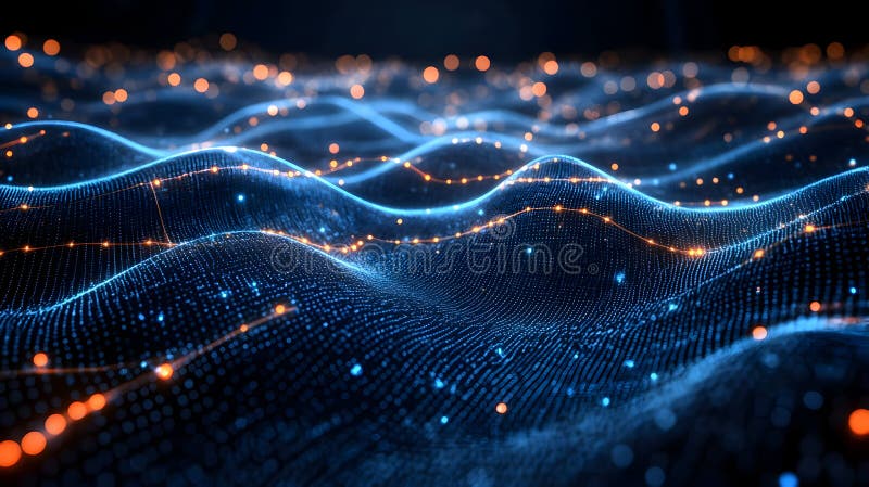 Abstract Digital Wavy Surface with Blue Dots and Orange Lights Network ...