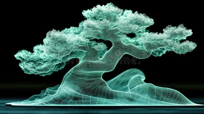 Abstract Digital Wireframe Tree with Flowing Energy Waves Stock Image ...