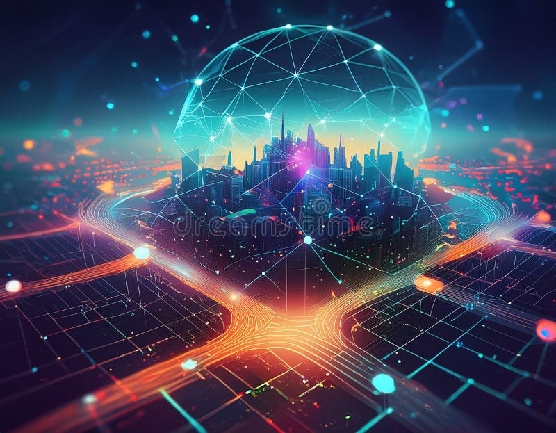 Abstract Digital World Illustration with Interconnected Nodes and ...
