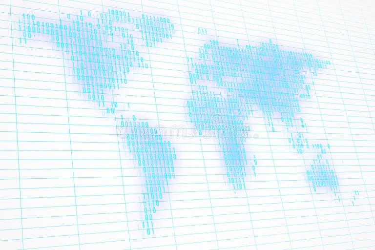 Abstract Digital World Map with Binary Code on Lined Background. 3D Rendering Stock Illustration ...