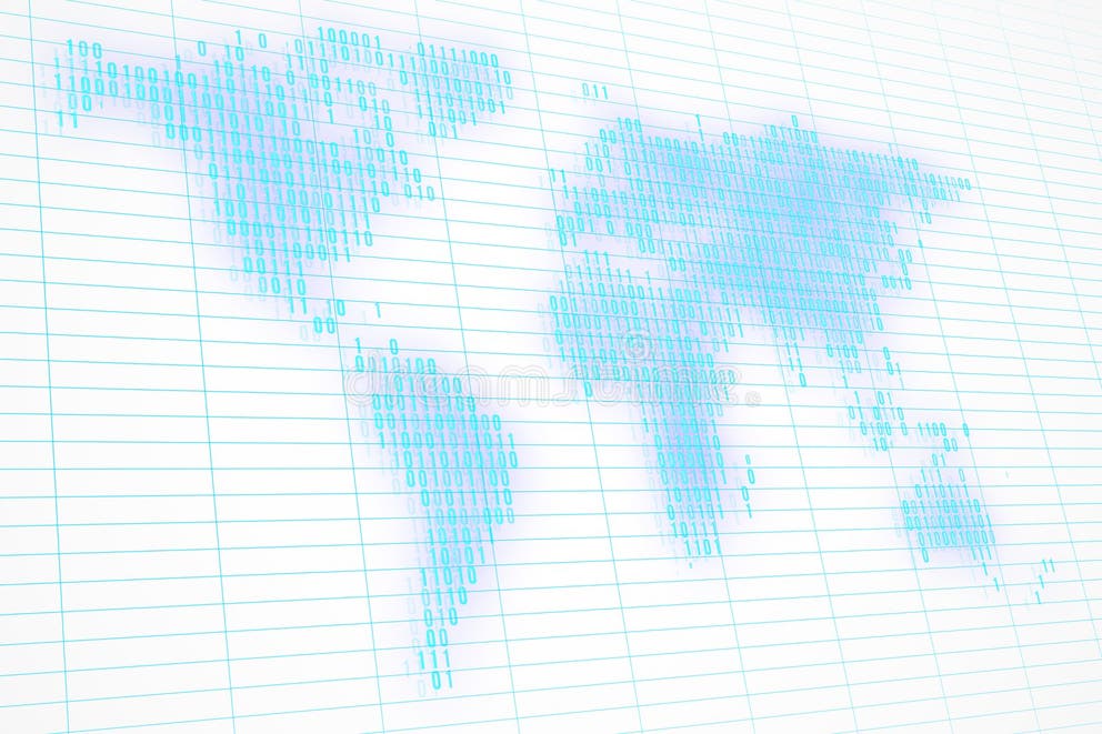 Abstract Digital World Map With Binary Code On Lined Background 3d