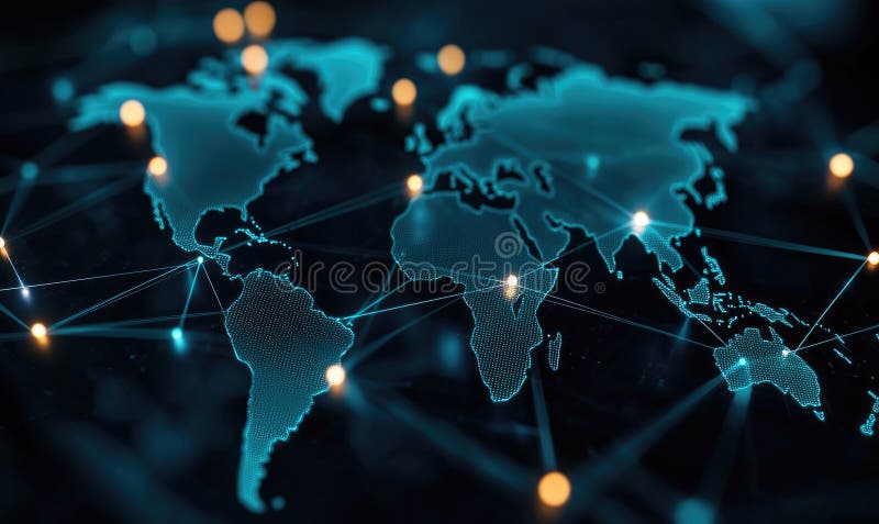 Abstract Digital World Map with Blue Connectivity Lines and Glowing ...