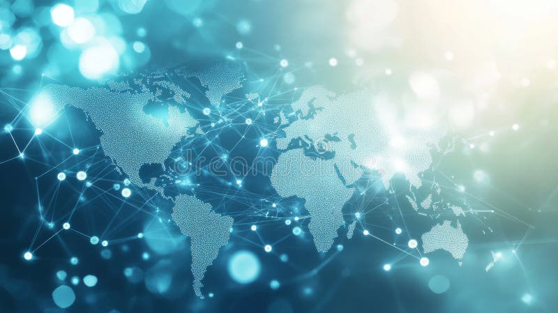 Abstract Digital World Map with Bright Glowing Lines and Blue Bokeh ...